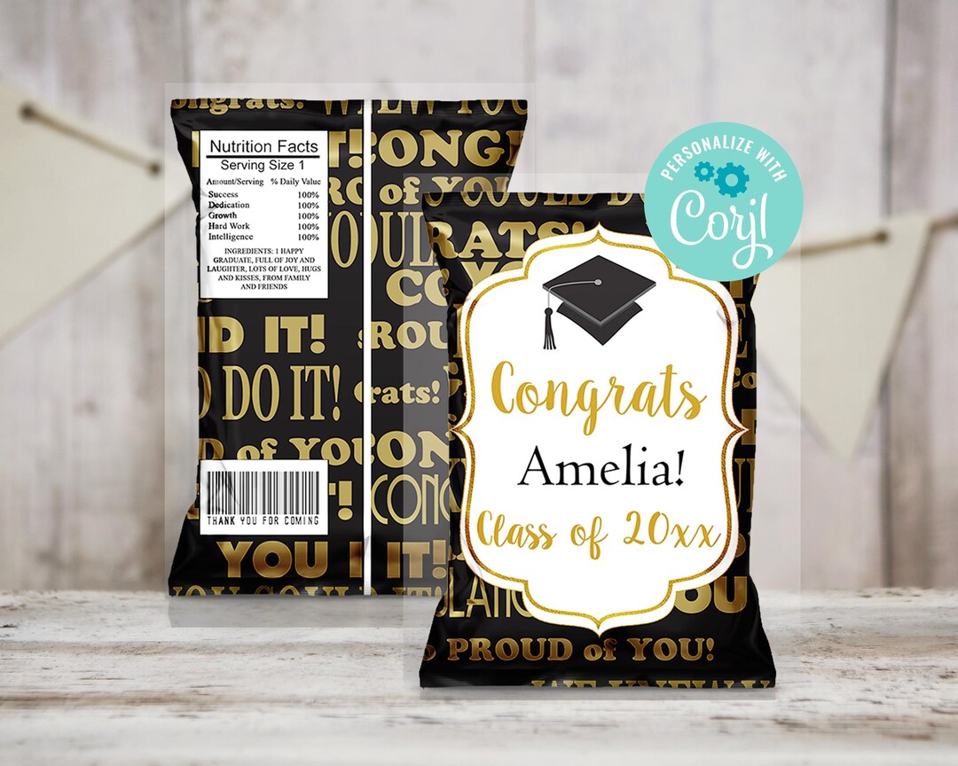Black Gold Graduation Chip Bag, Class of 2025, College Grad Party, High ...