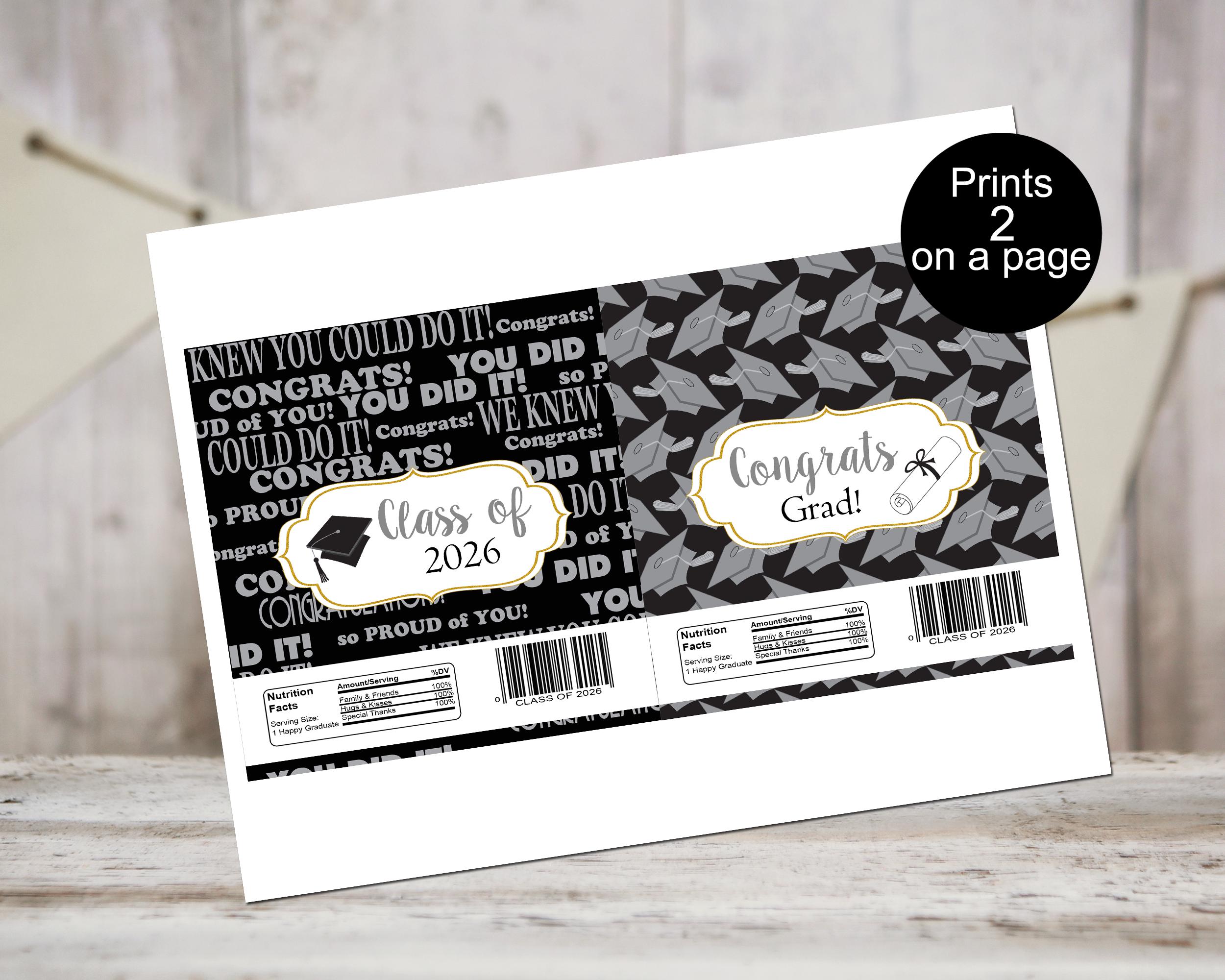 Graduation Candy Bar Wrapper, Black and Gray Chocolate Wrappers, Class ...