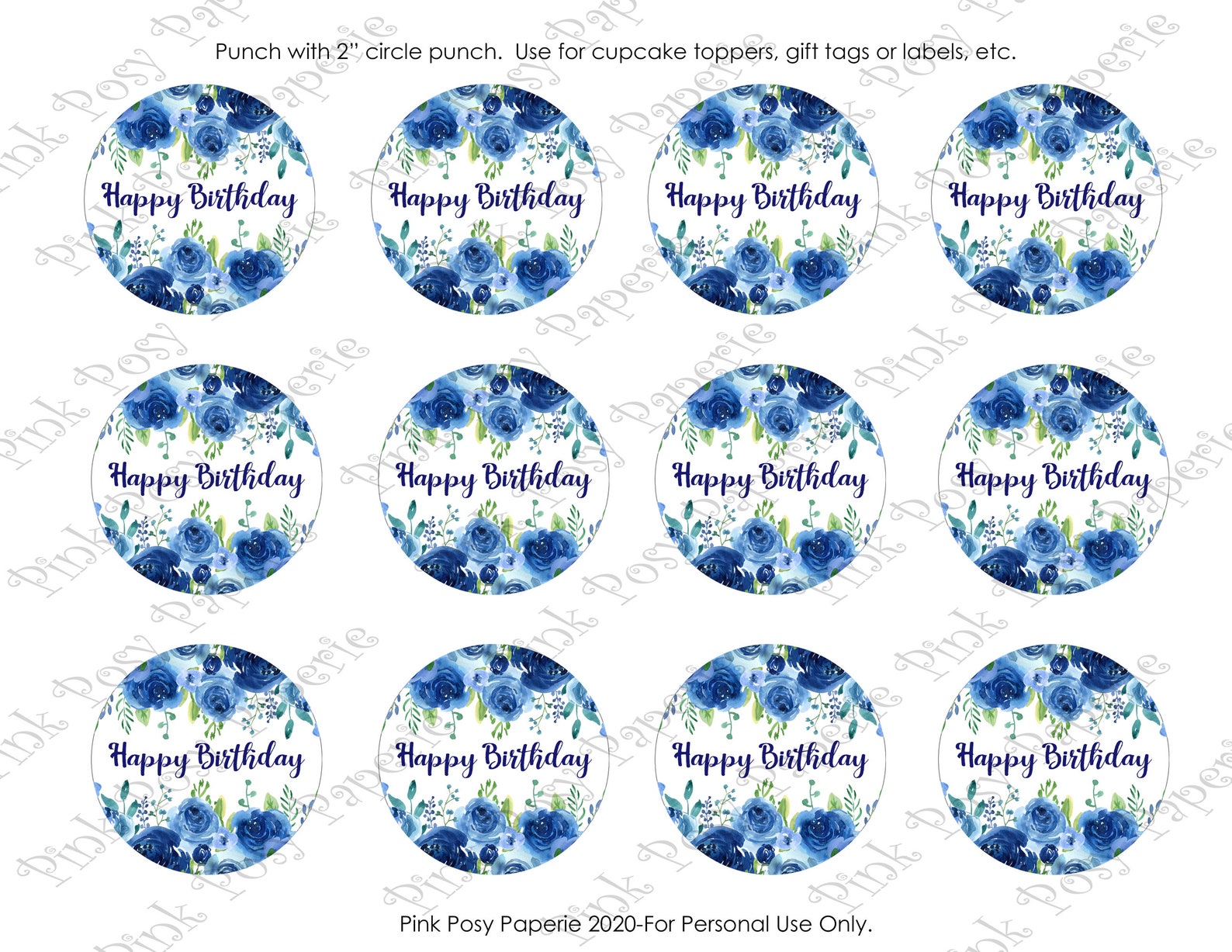 Birthday Cupcake Toppers. Blue Floral Cupcake Toppers | Etsy