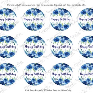 Birthday Cupcake Toppers. Blue Floral Cupcake Toppers, Birthday Party ...