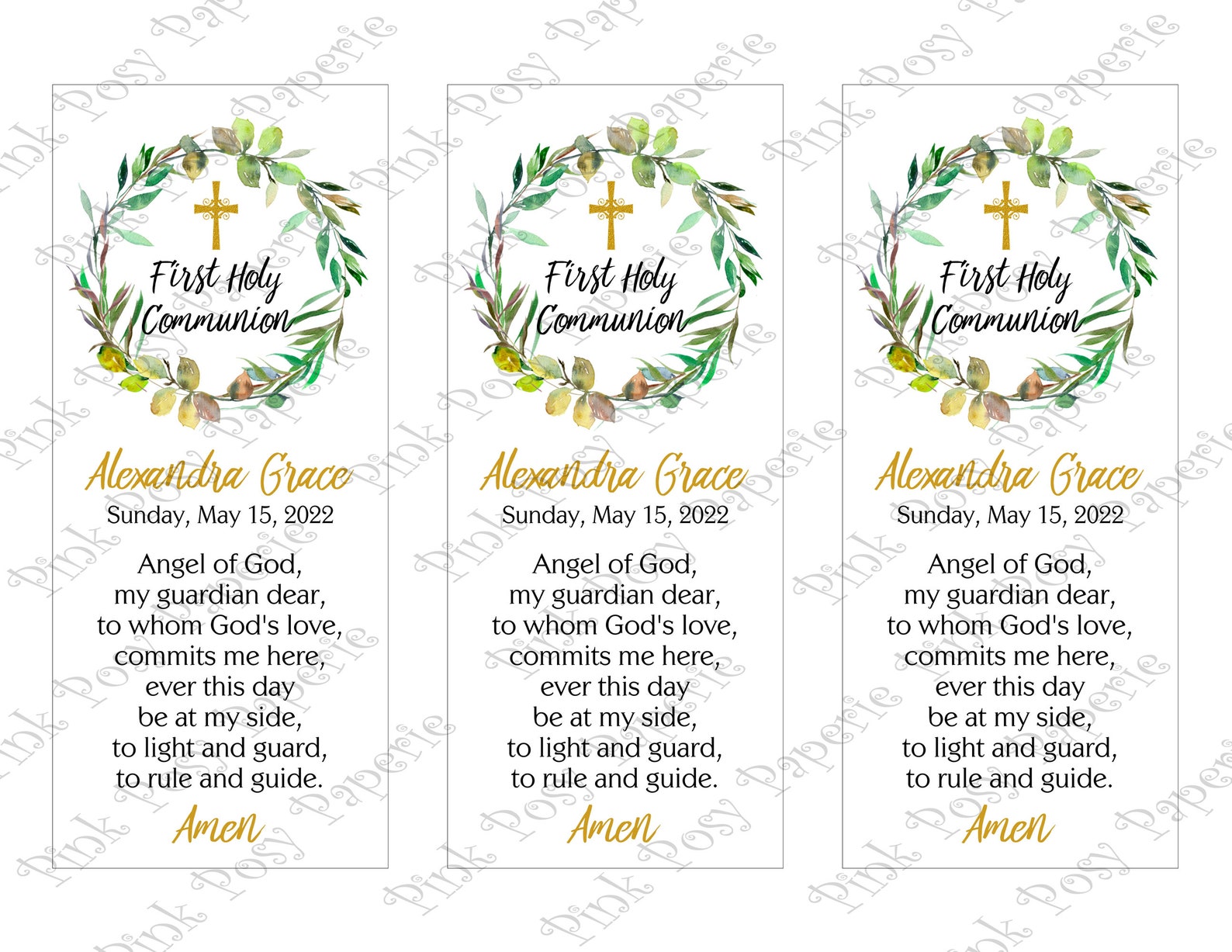Editable First Communion Prayer Card, Greenery Gold Bookmark, Printable ...