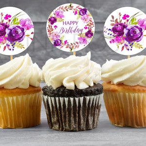Birthday Cupcake Toppers, Purple Floral Cupcake Toppers, Birthday Party ...