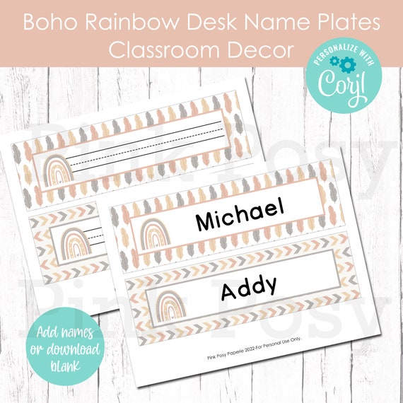 Editable Desk Name Plates Rainbow Desk Name Tag Boho Labels | Etsy