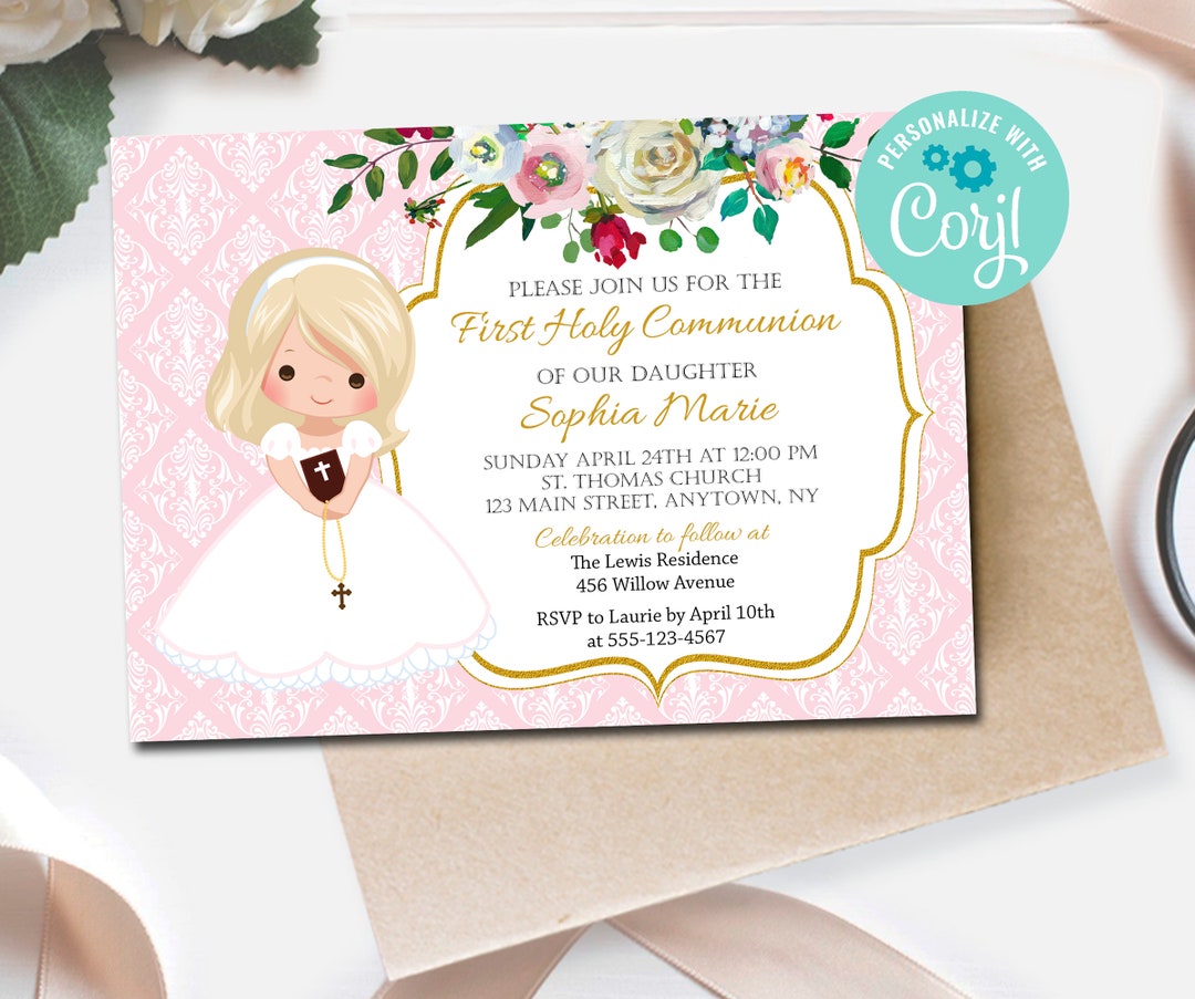 Editable Girl Communion Invitation, Invitation Template, Pink Floral ...