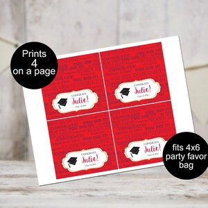 Editable Graduation Treat Bag Toppers, Red Treat Bag Favors, Class of ...