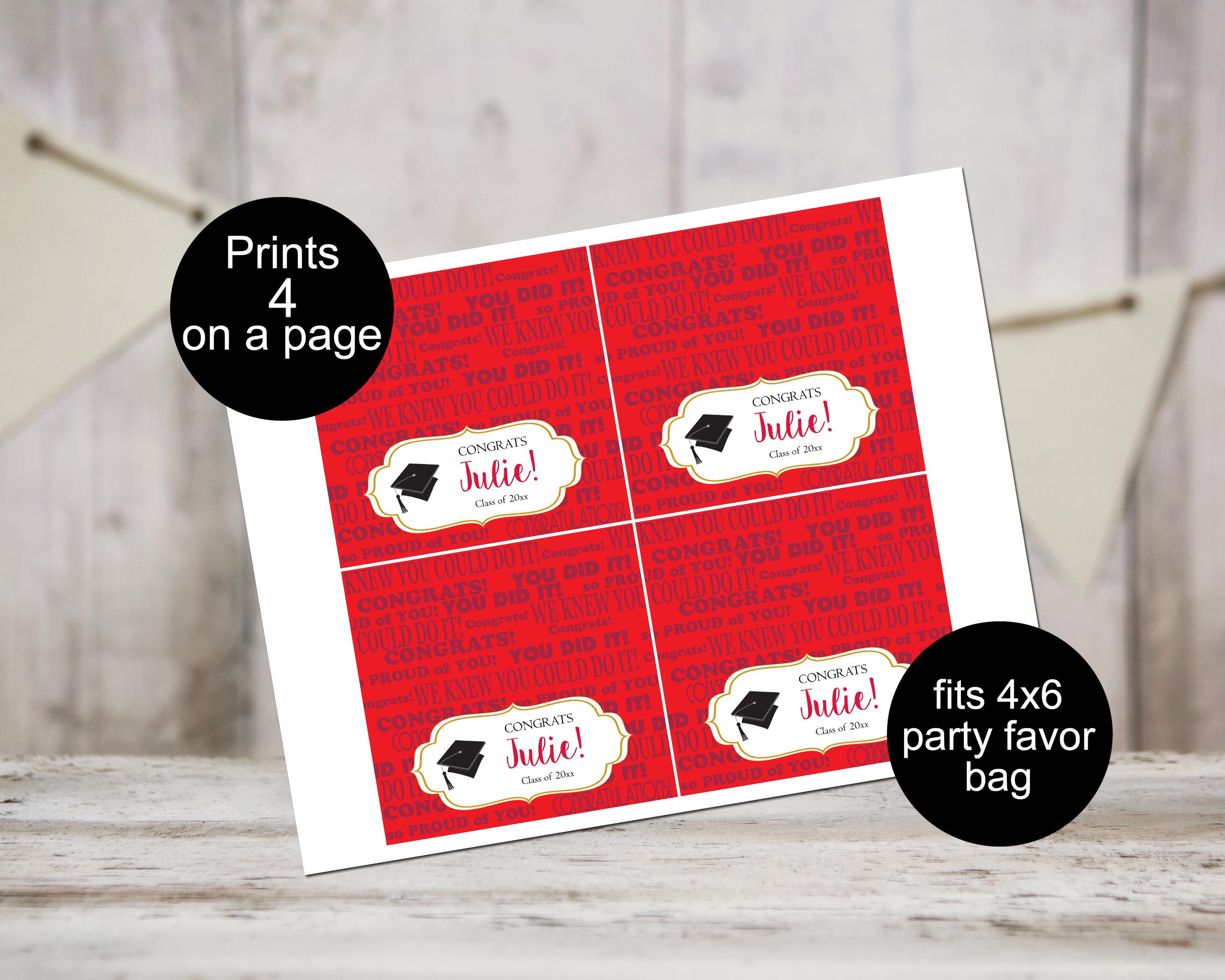 Editable Graduation Treat Bag Toppers, Red Treat Bag Favors, Class of ...