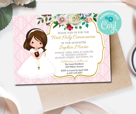 Editable Girl Communion Invitation Pink Floral Communion | Etsy