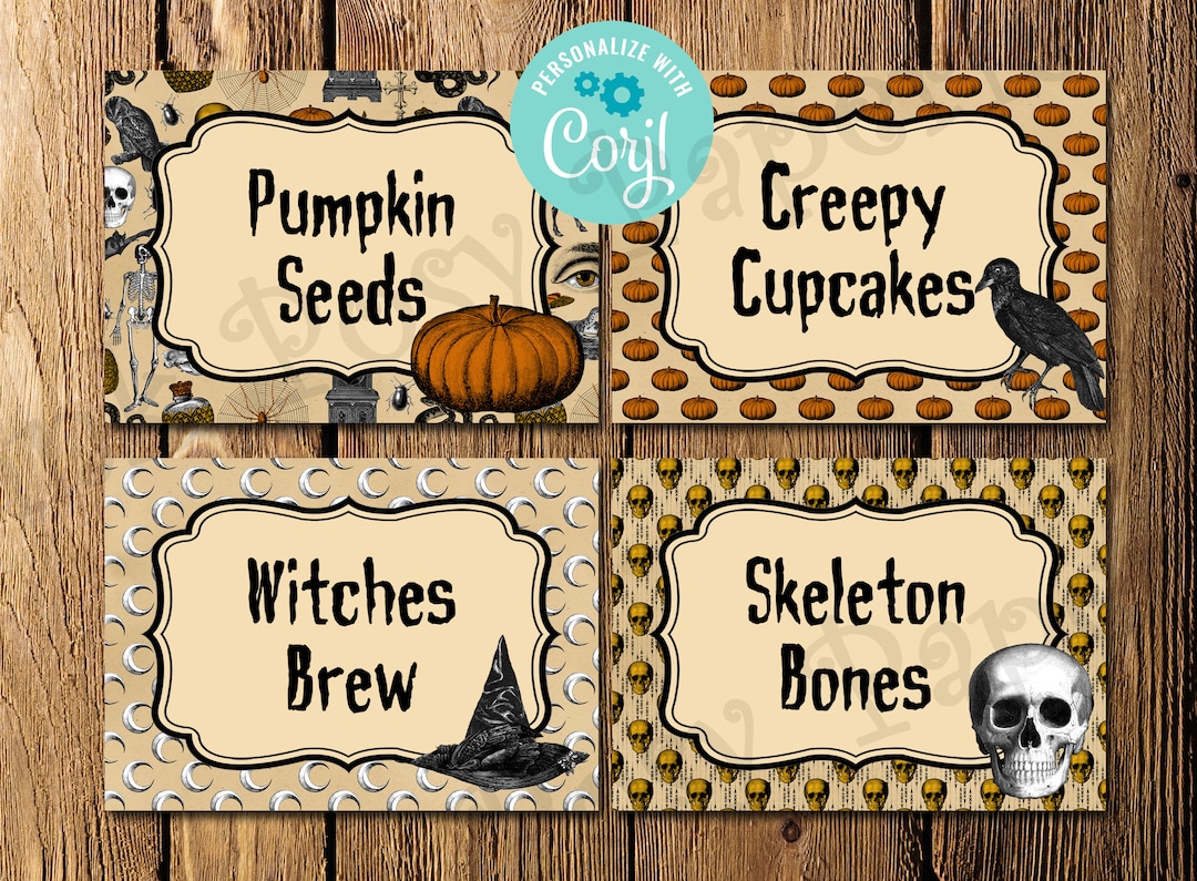 Editable Halloween Food Cards, Vintage Halloween Buffet Cards, Retro ...