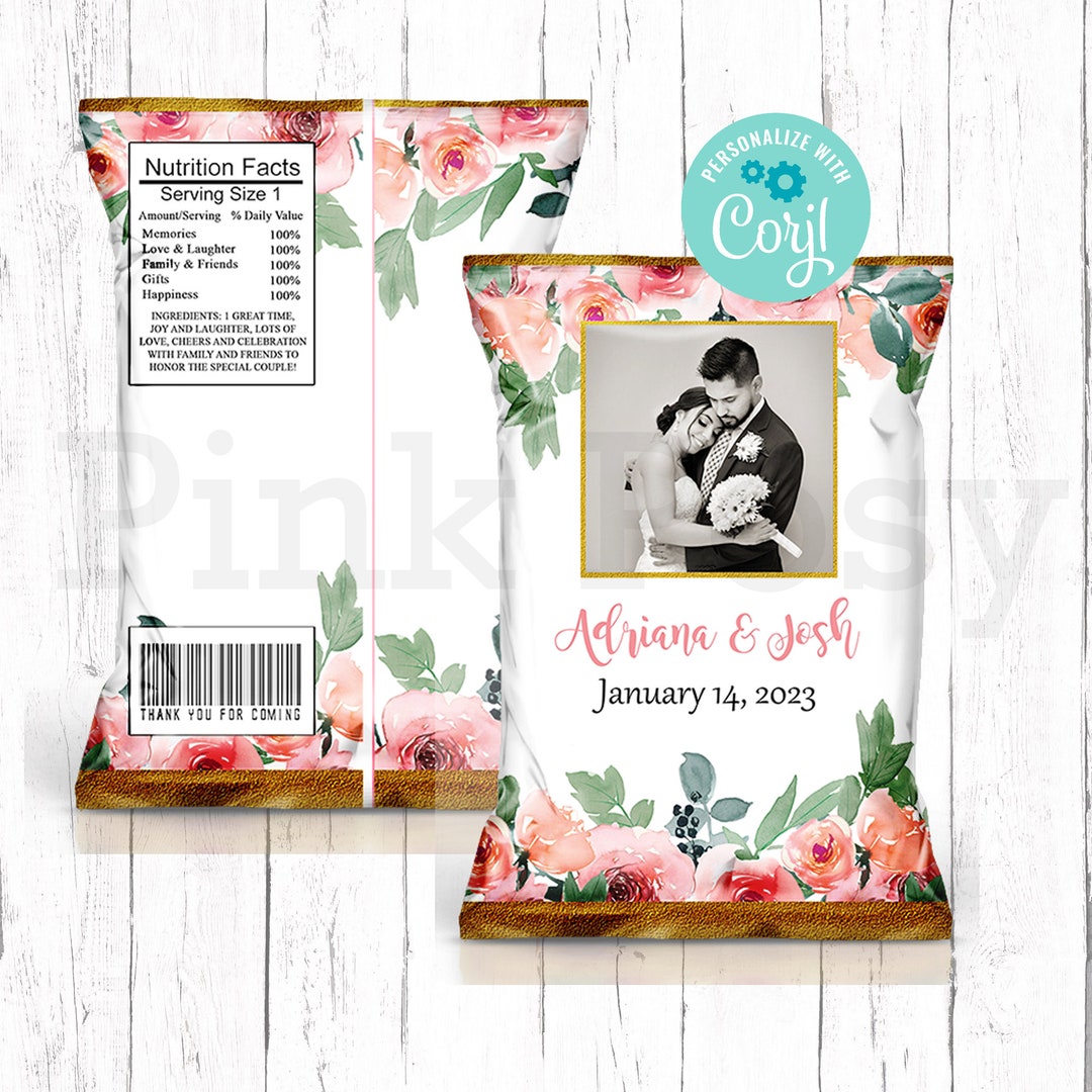 Wedding Photo Chip Bag, Pink Floral Chip Bag, Engagement Favors ...