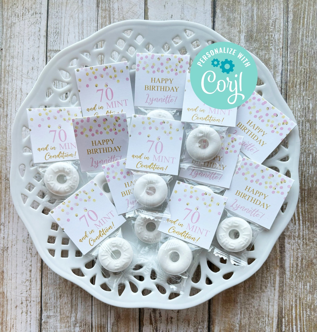 Editable Pink Gold Birthday Mint Favors, 70th Birthday Favors, in Mint ...