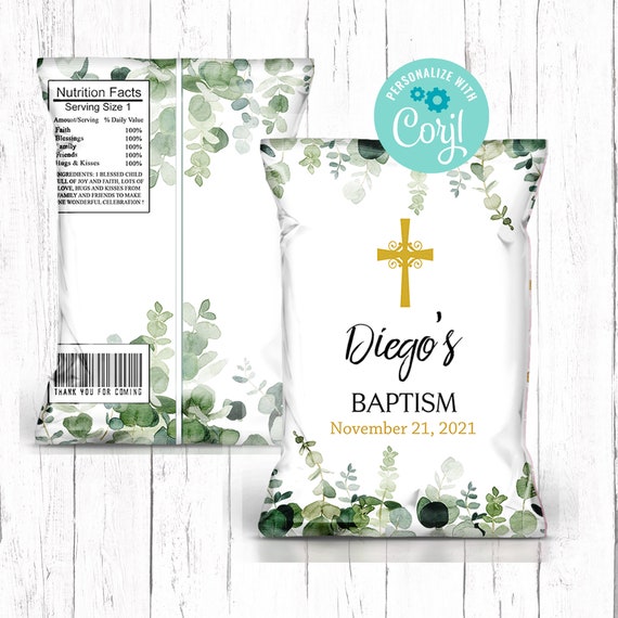 Baptism Chip Bag Editable Christening Chip Bag Greenery - Etsy