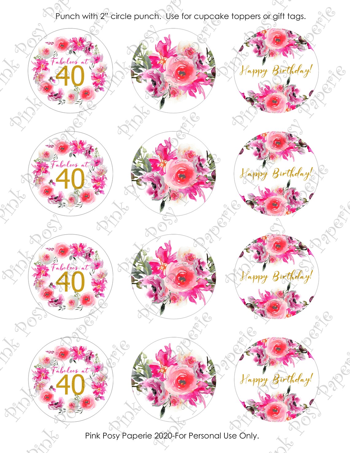 Birthday Cupcake Toppers, 40th Birthday Cupcake Toppers, Floral ...
