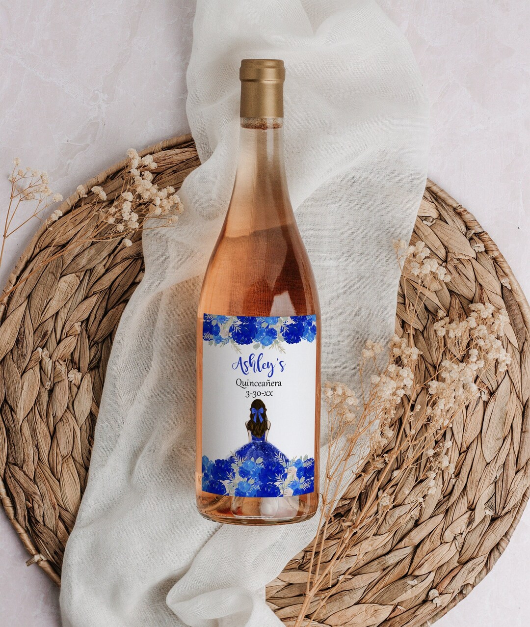 Quinceanera Wine Bottle Labels, Custom Wine Sticker, Blue Floral ...