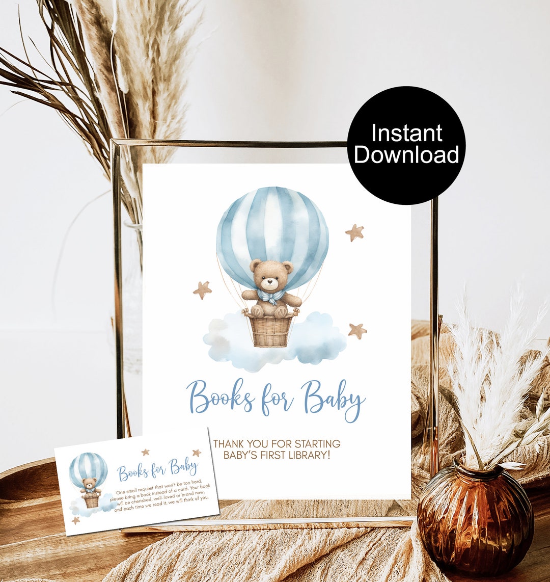 Blue Bear Book Request Cards and Sign, Bear Balloons Shower, Printable ...