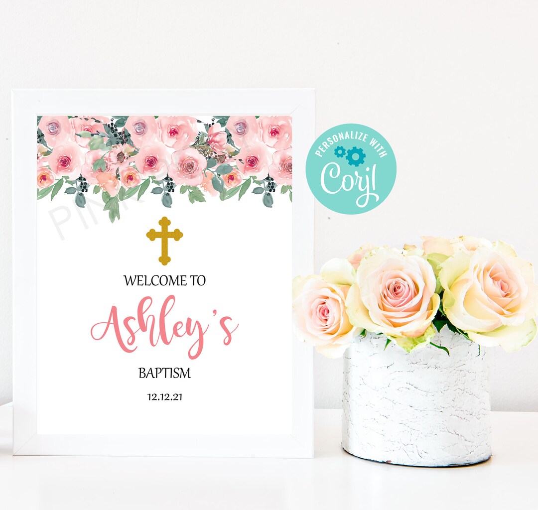Editable Pink Floral Baptism Sign, Christening Sign, Communion Sign ...