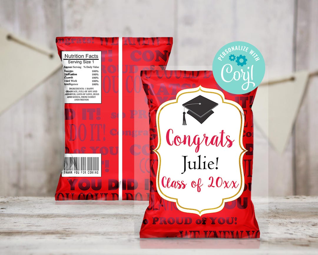 Red Graduation Chip Bag, Class of 2025, College Grad Party Treat, High ...