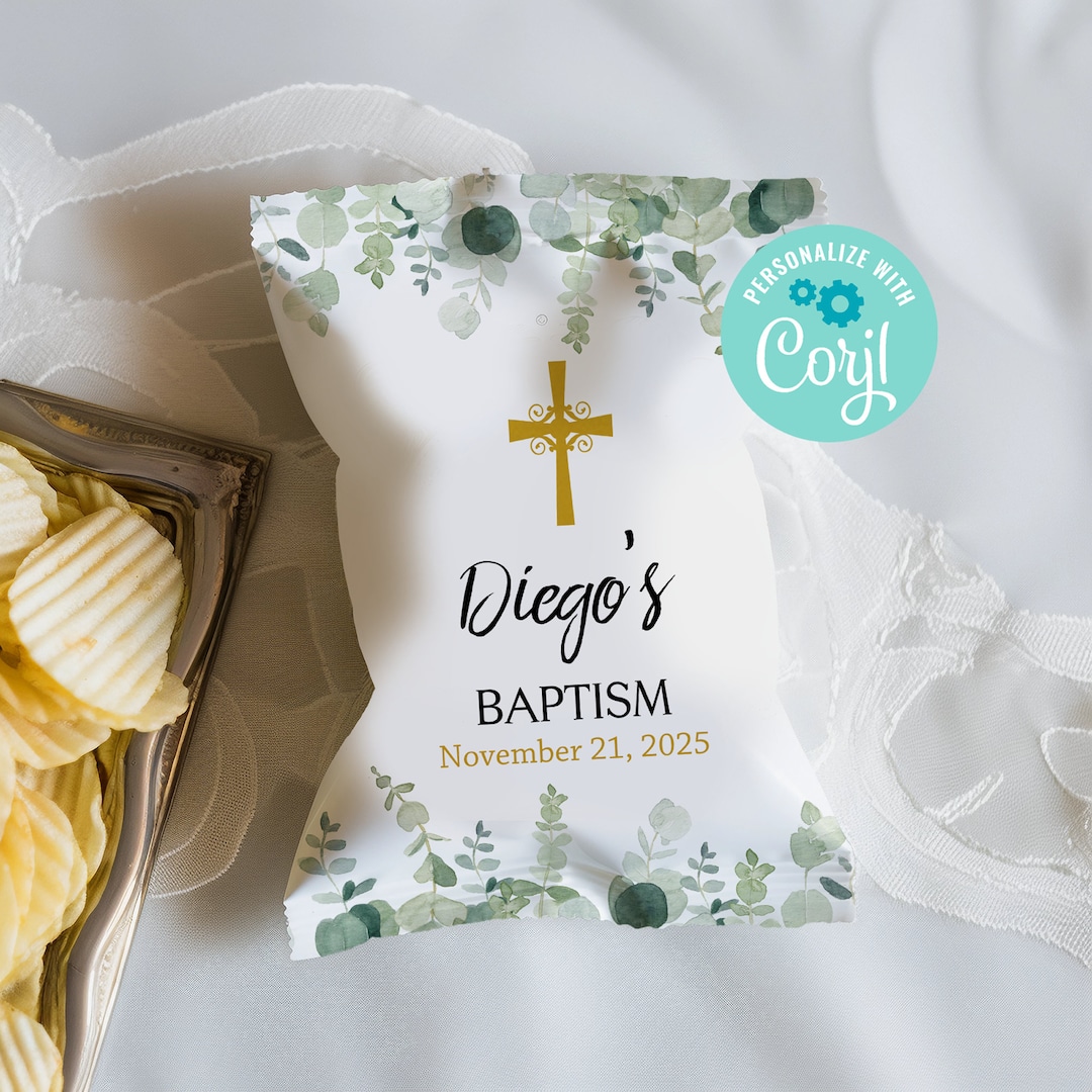 Baptism Chip Bag, Editable Christening Chip Bag, Greenery Baptism Bag ...