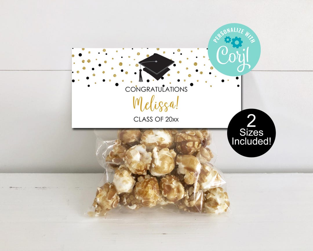 Graduation Bag Toppers, Editable Black Gold Dot Treat Bag Favors, Class ...