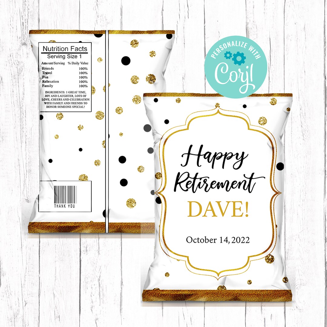 Editable Retirement Chip Bag, Retirement Favors, Black and Gold Dot ...