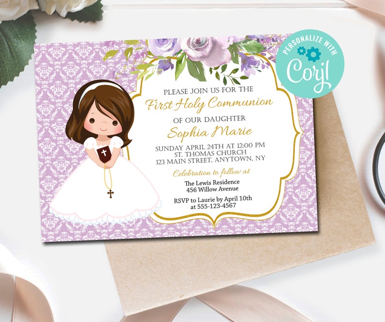 Editable Girl Communion Invitation Lavender Floral Communion - Etsy