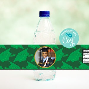 Editable Graduation Photo Water Bottle Labels, Green Graduation Party ...