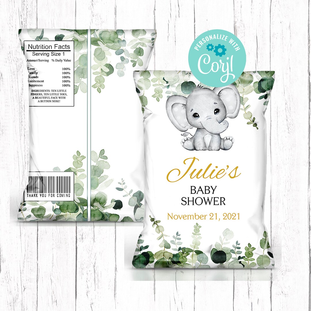 Elephant Chip Bags, Baby Shower Chip Bags, Elephant Baby Shower, Gender ...