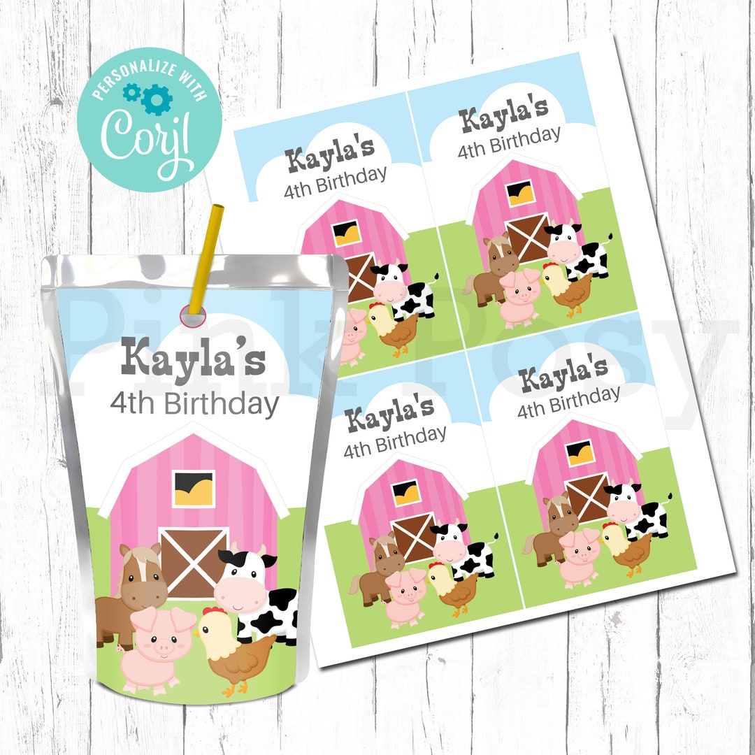 Editable Birthday Juice Pouch Labels, Farm Juice Labels, Girl Birthday ...