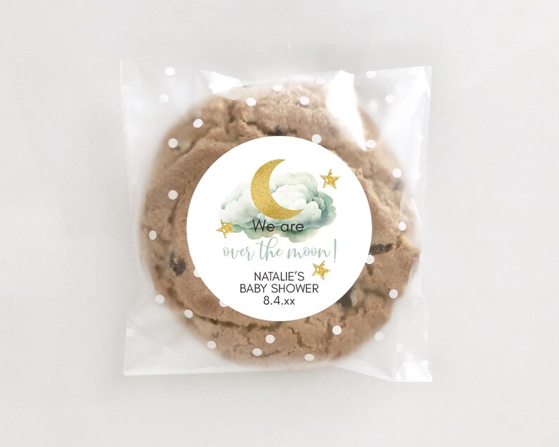 Over the Moon Favor Labels, Green Moon and Stars, Gender Neutral Baby ...