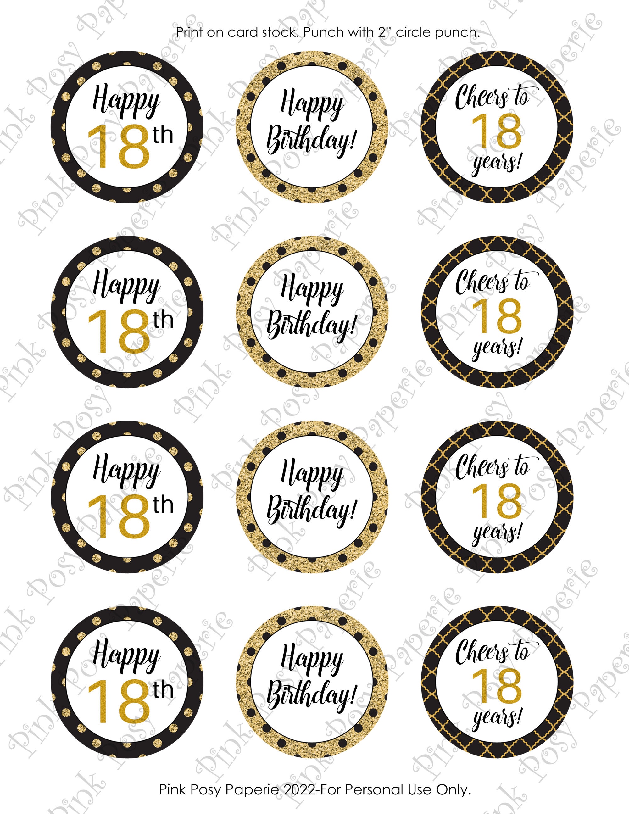 Birthday Cupcake Toppers, 18th Birthday Cupcake Toppers, Black and Gold ...