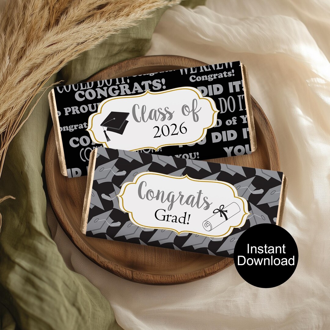 Graduation Candy Bar Wrapper, Black and Gray Chocolate Wrappers, Class ...