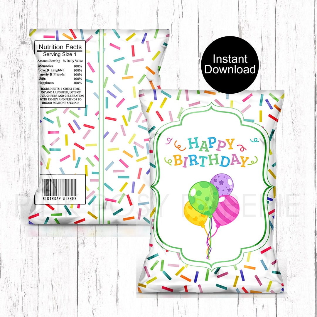 Happy Birthday Chip Bag, Confetti Birthday Treats, Birthday Party ...