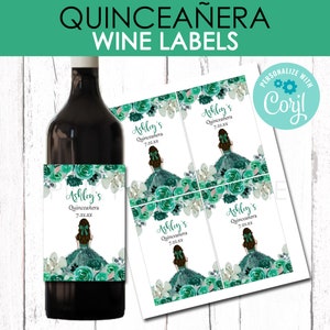 Green Quinceanera Wine Bottle Labels, Quinceanera Wine Template ...