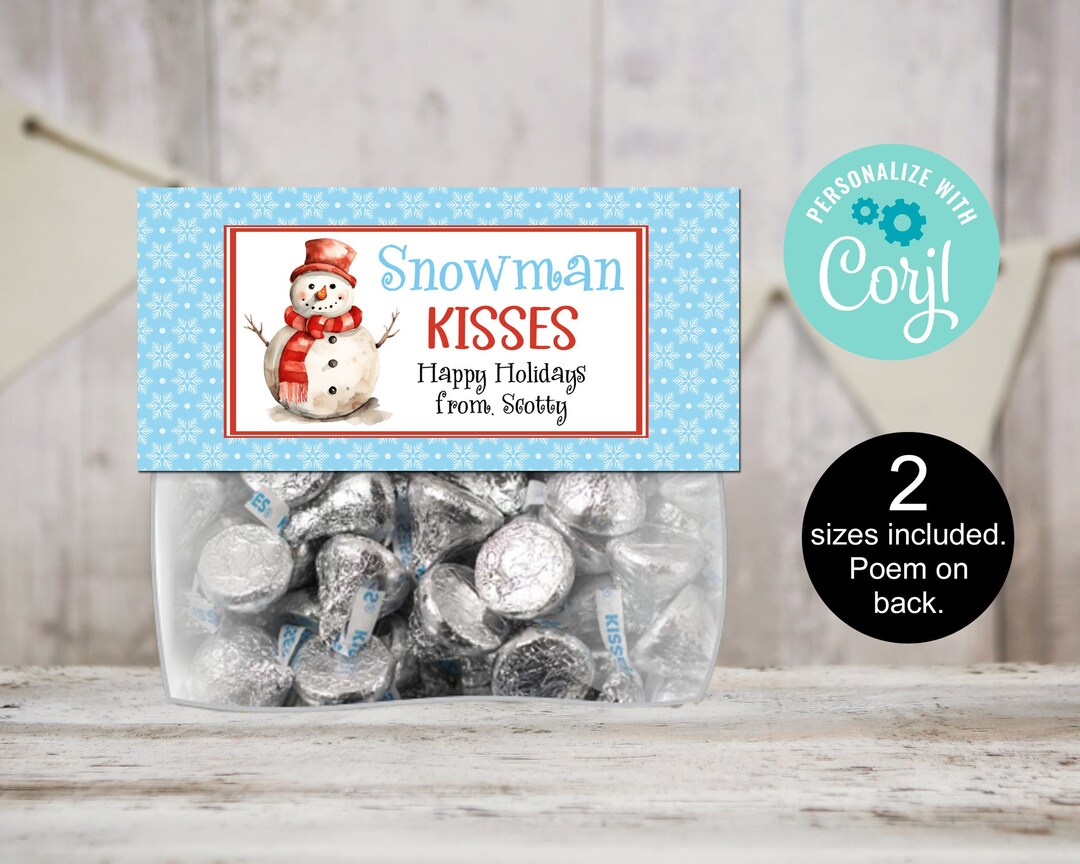 Snowman Kisses, Christmas Bag Toppers, Treat Bag Favors, Favors for ...