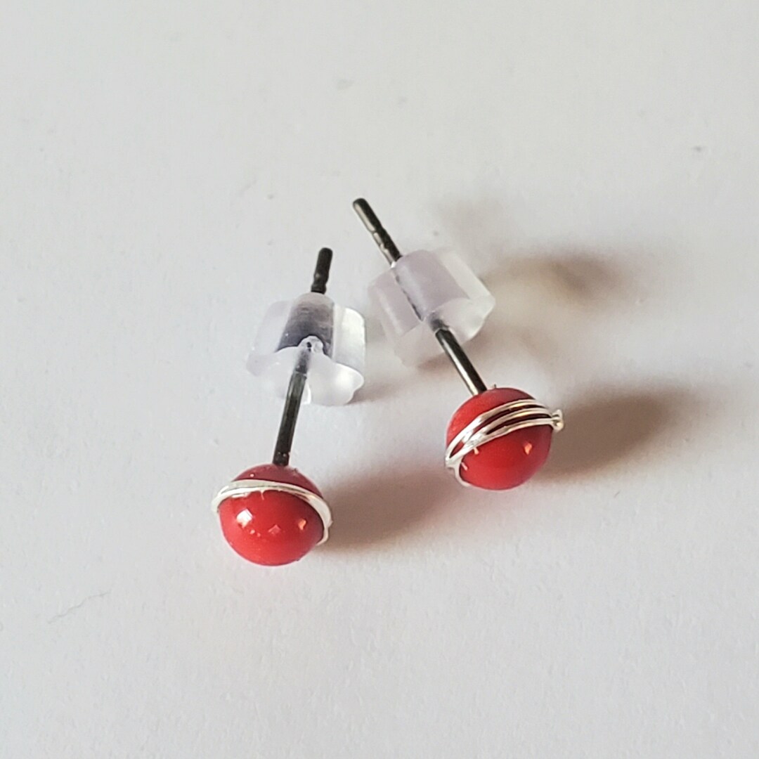 Light Red Glass Lampwork Stud Earrings, Fine Silver, Stainless Steel ...
