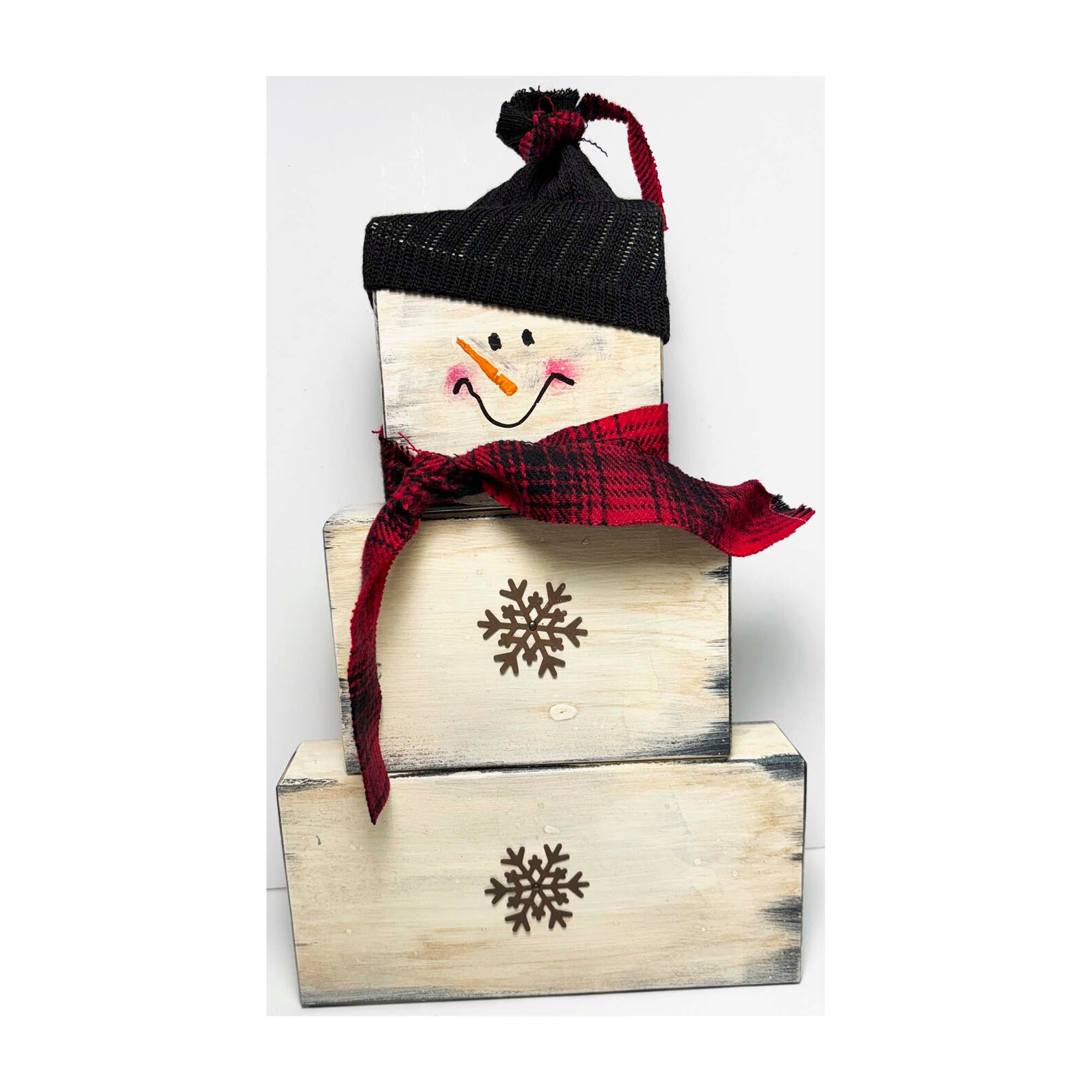 Snowman Stacking Wood Blocks Rusty Snowflake Buttons Winter Christmas ...