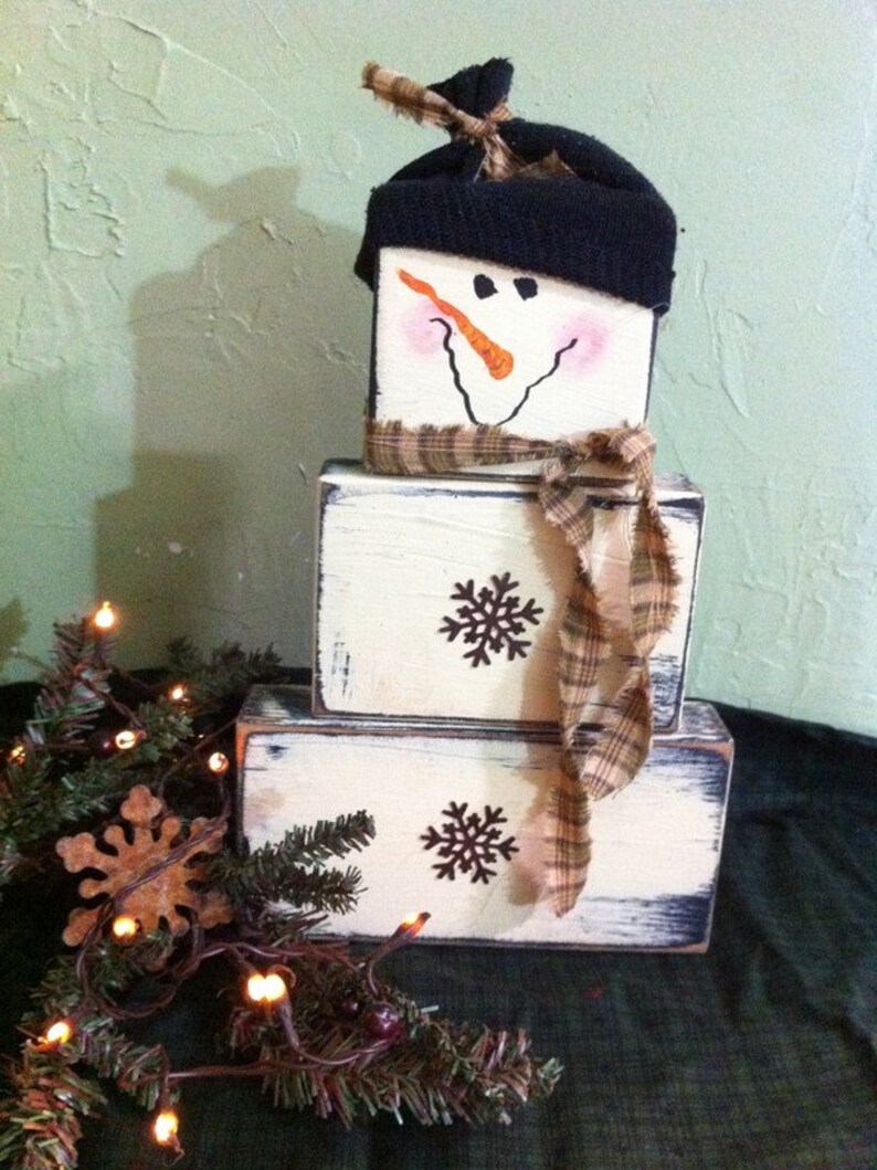Snowman Stacking Wood Blocks Rusty Snowflake Buttons Winter Christmas ...