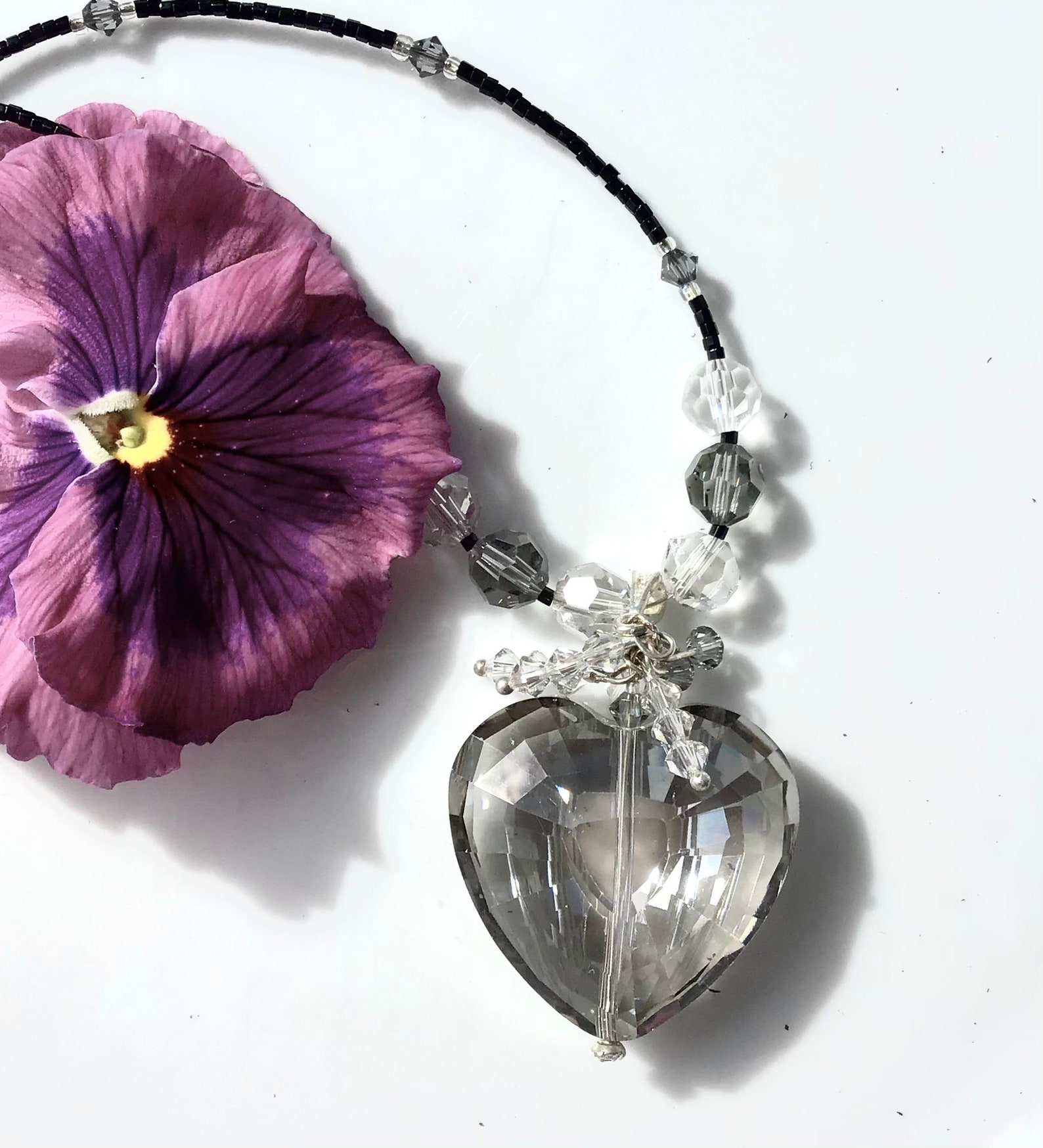 Black Diamond Crystal Heart Beaded Necklace - Etsy