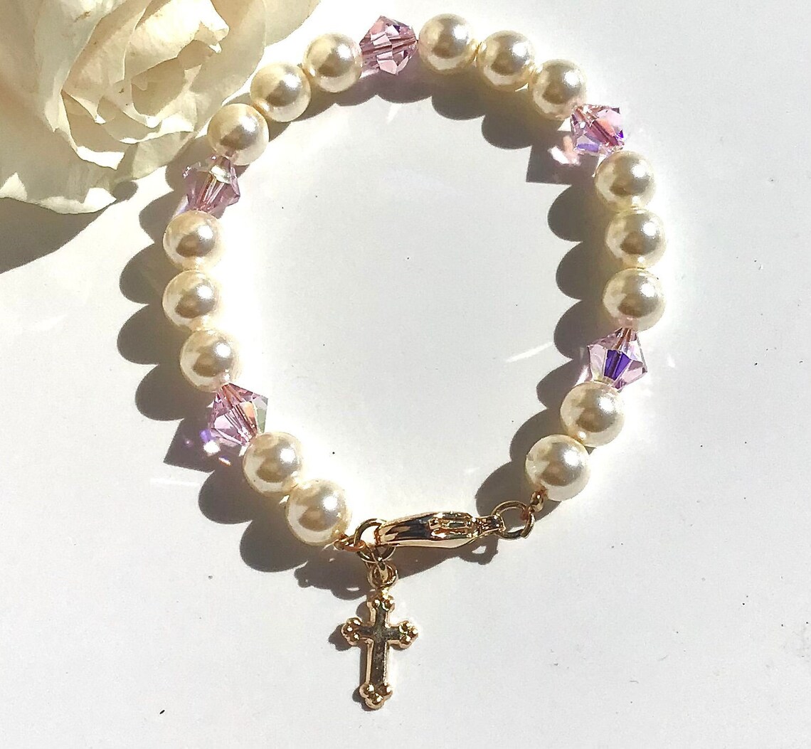 First Communion Bracelet Rose Crystals Pearls 14K Cross - Etsy