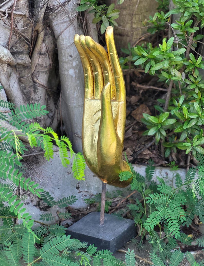 Wood Carved Buddha Hand Sculpture | Golden Abhaya Mudra, Home Harmony ...