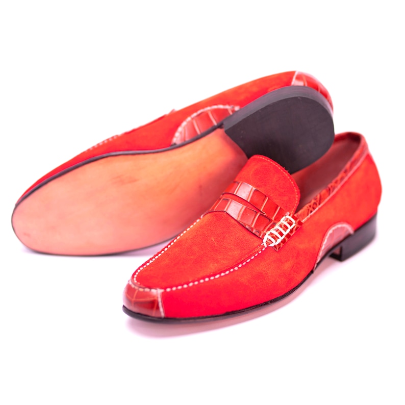 Handmade Real Suede Leather Red Slip on Loafer Dress Moccasin Shoes for ...
