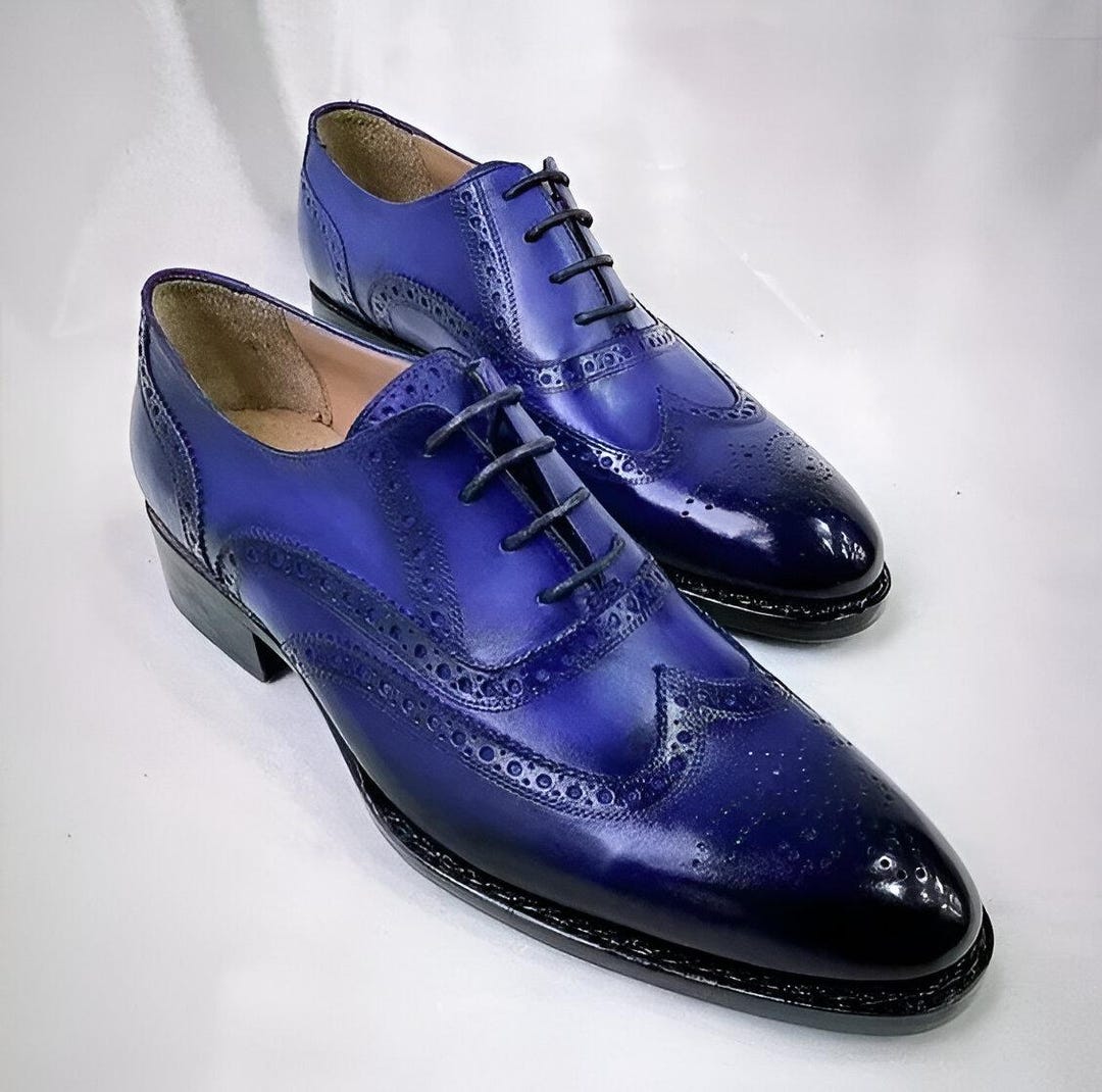 Handmade Men Genuine Blue Leather Oxford Lace up Wingtip Dress Shoes ...