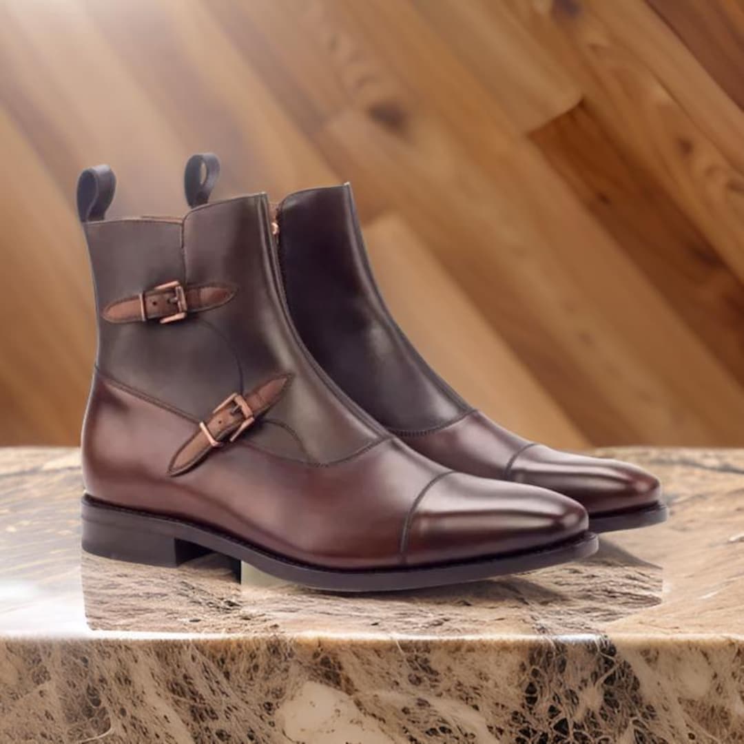Handmade Men Brown Leather Double Buckle Monk Ankle High Boots for Men, for Him, Formal Dress ...