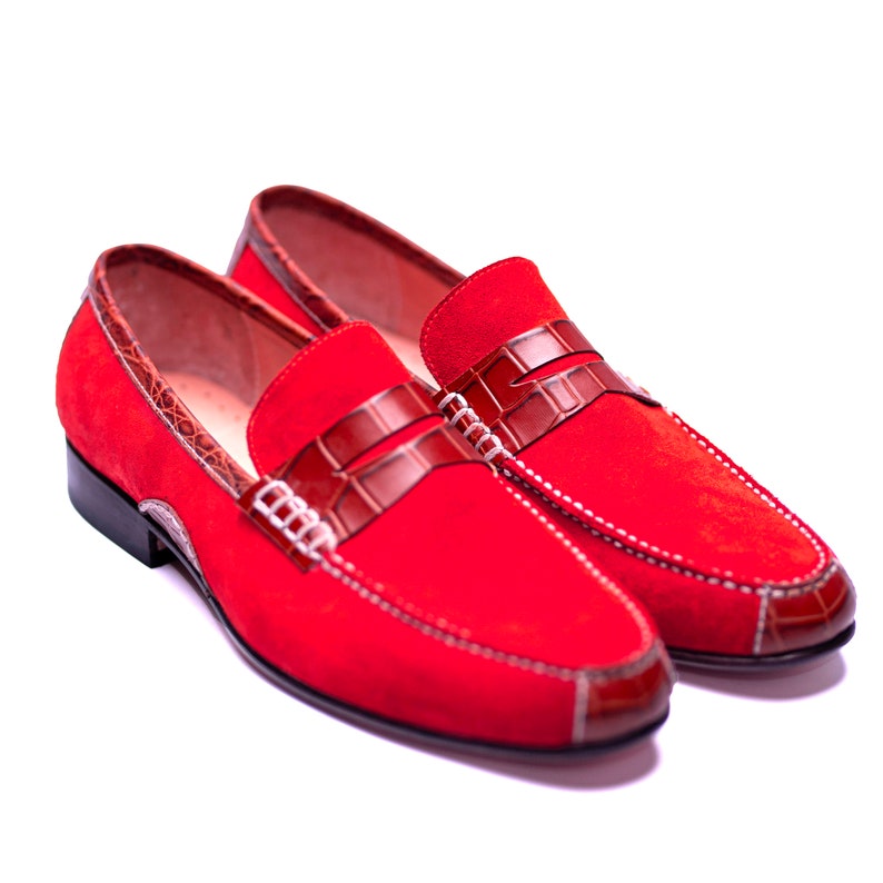 Handmade Real Suede Leather Red Slip on Loafer Dress Moccasin Shoes for ...