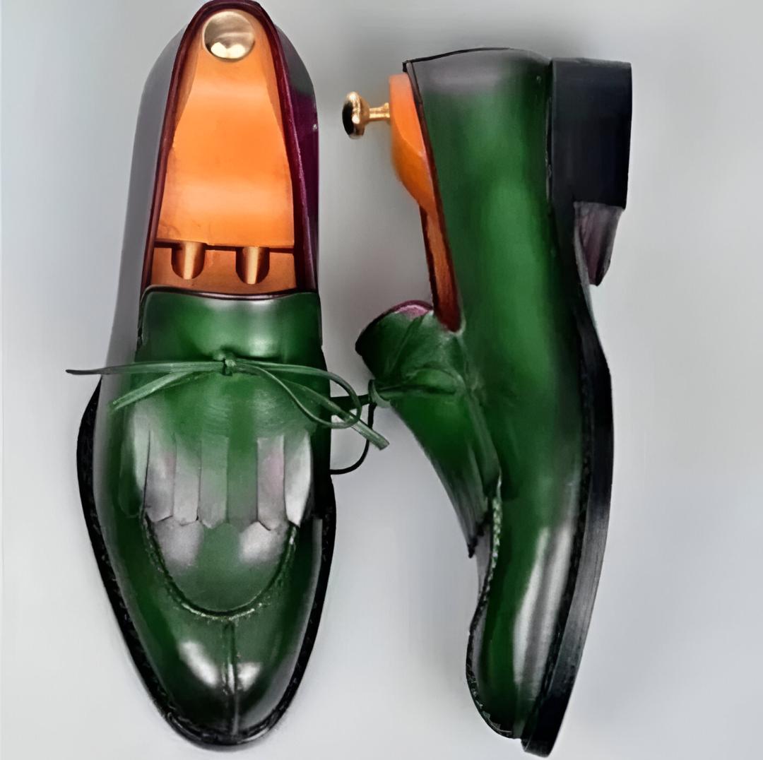 Men Handmade Green Wing Tip Brogue Lace up Fringes Round Toe Dress ...