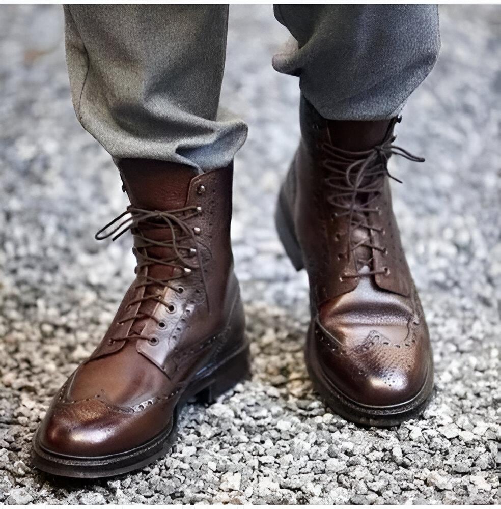 Handmade Men Wingtip Boots, Men Brown Ankle High Leather Lace up Boots ...