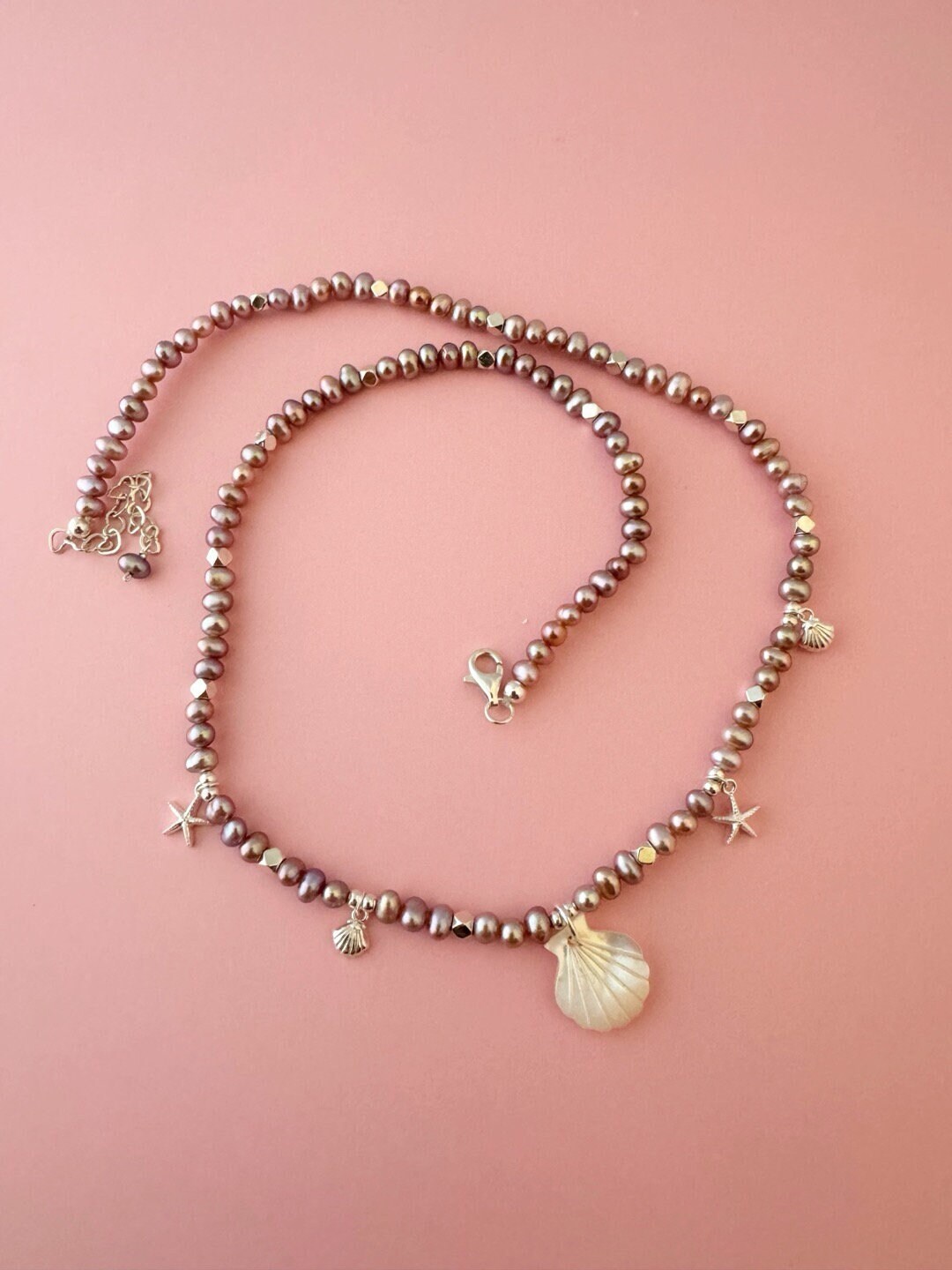 Dainty Shell Amulet Necklace Clam Pendant With Pearl Pink Purple Pearl ...