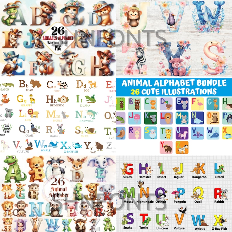 Watercolor Animal Alphabet Clipart Bundle (PNG, SVG) - Etsy