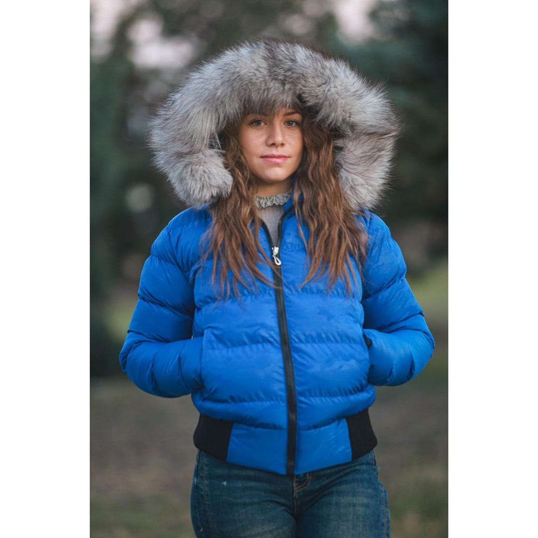 Blue Down Jacket: Women's Winter Coat With Silver Fox Fur Hood - Etsy