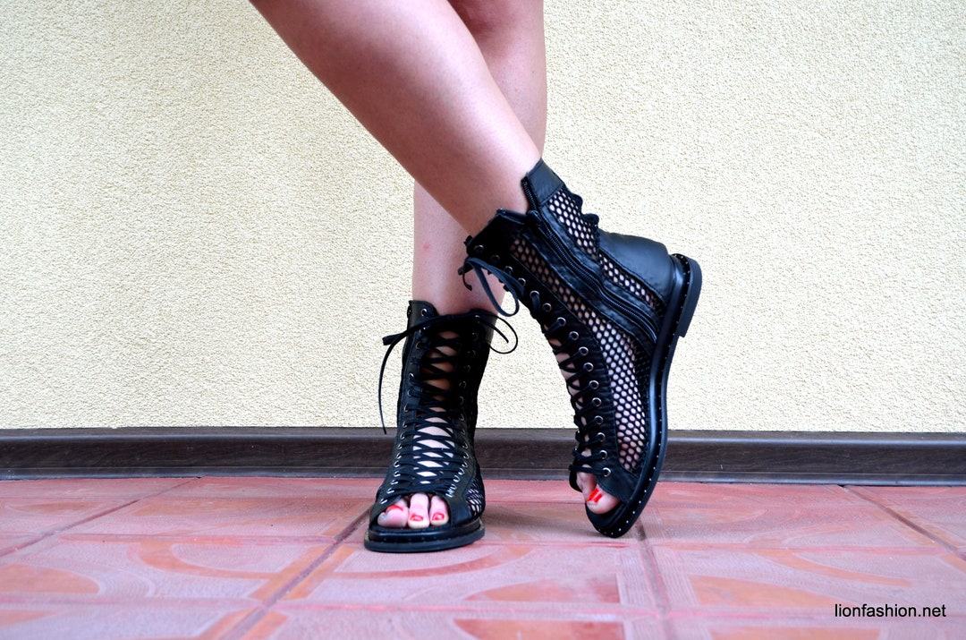 Gothic Black Leather Sandal Boots: Sheer Open Toe Summer Shoes - Etsy