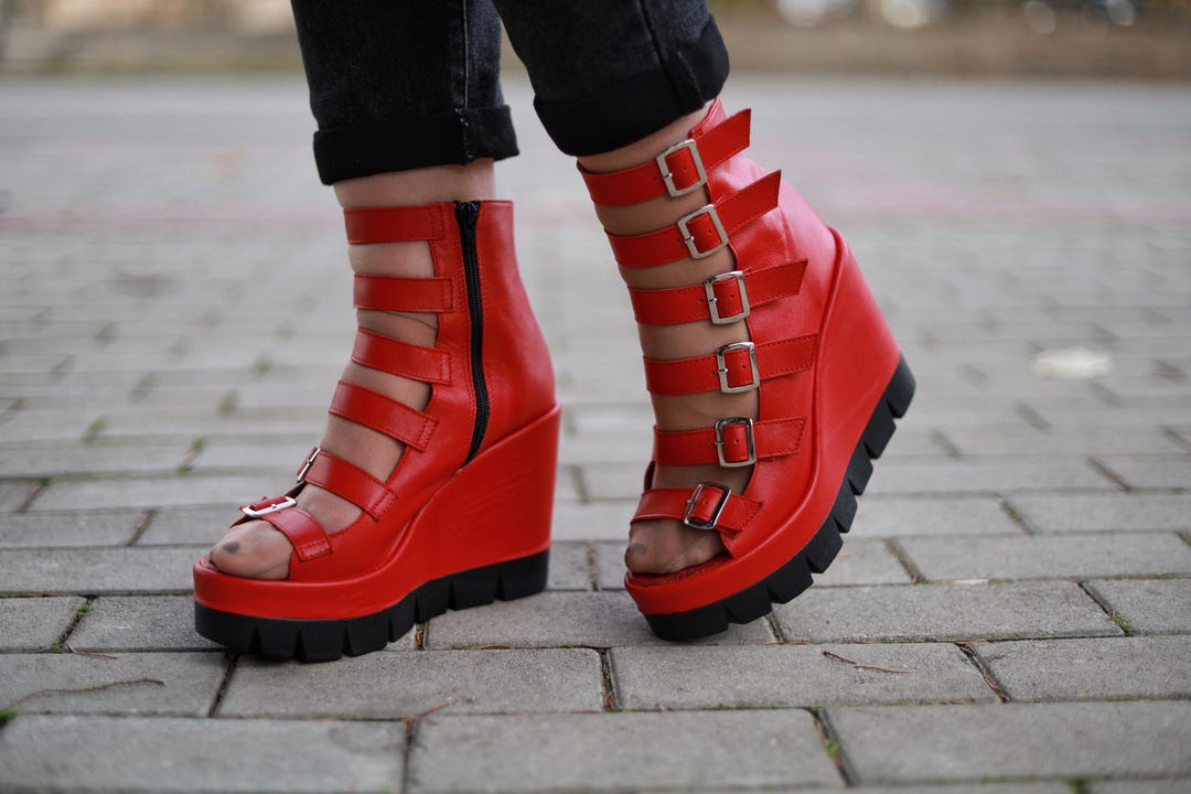 Red Gladiator Platform Wedge Sandals: Handmade Leather Summer Boots - Etsy